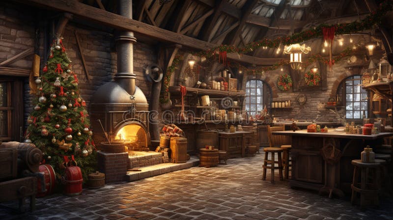 Santa S Workshop, with Elves and Toys in View Stock Illustration ...