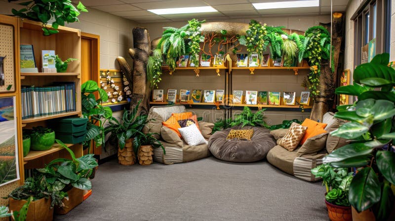 A Classroom with a Nature-themed Reading Nook, Including Plants and ...