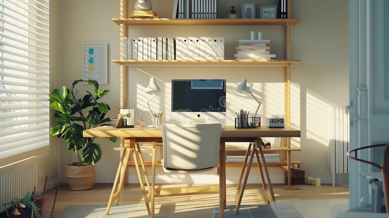 Generative AI Clean, Bright and Empty Home Office Interior Organized ...