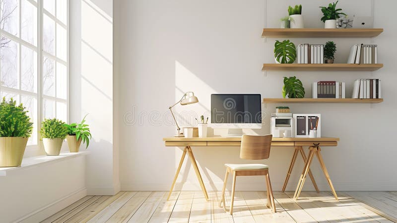 Generative AI Clean, Bright and Empty Home Office Interior Organized ...