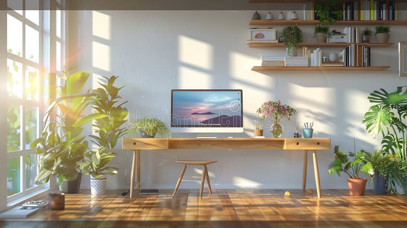 Generative AI Clean Bright and Empty Home Office Interior Organized ...