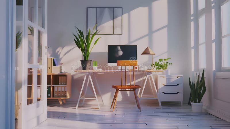 Generative AI Clean Bright and Empty Home Office Interior Organized ...
