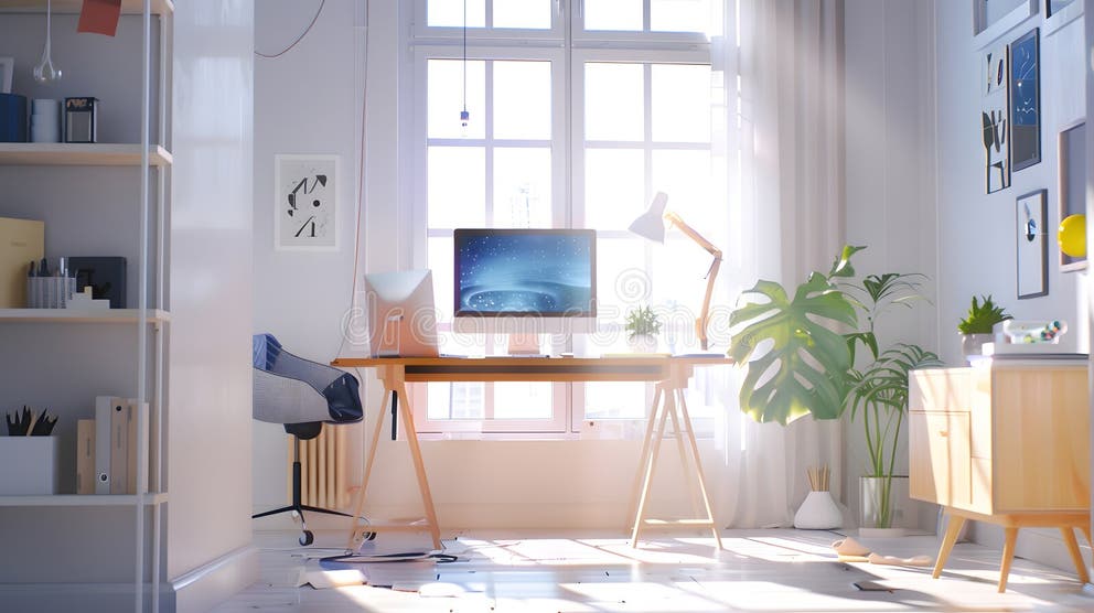 Generative AI Clean Bright and Empty Home Office Interior Organized ...