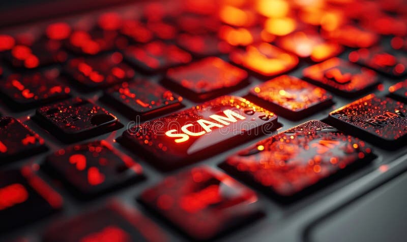 Close-up of a Bright Red SCAM Alert Button on a Computer Keyboard ...