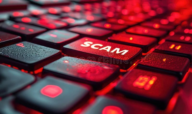 Close-up of a Bright Red SCAM Alert Button on a Computer Keyboard ...