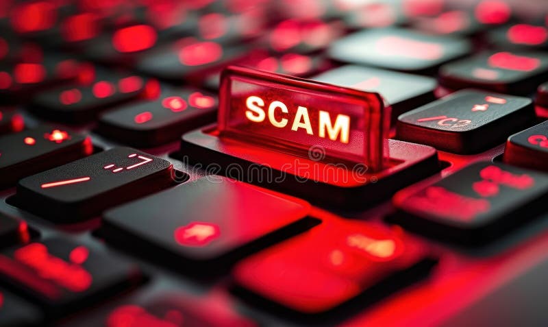 Close-up of a Bright Red SCAM Alert Button on a Computer Keyboard ...