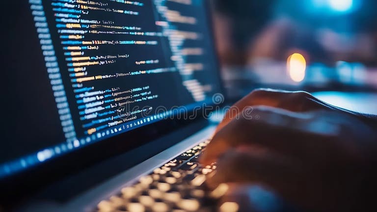 Generative AI Close Up of Hands Typing on a Laptop Screen Immersed in Programming Code and ...