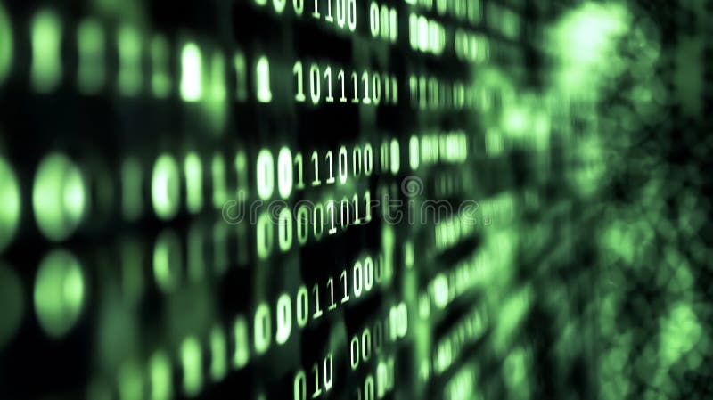 Generative AI Close Up View of Binary Code Flowing in Green Background Representing Digital ...