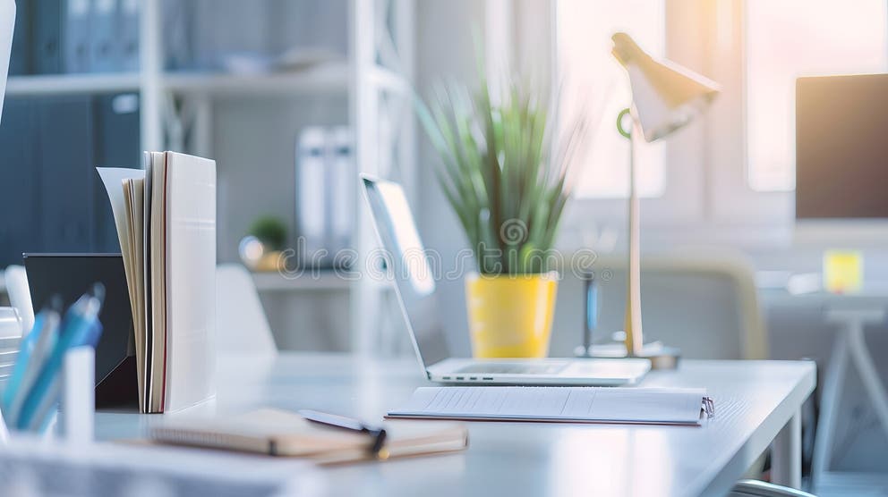 Generative AI Close Up View of Empty Employee Desk Workplace with ...