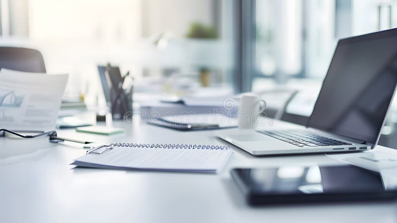 Generative AI Close Up View of Empty Employee Desk Workplace with ...