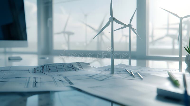 Generative AI Close Up of Wind Turbines on a Table with Architectural ...