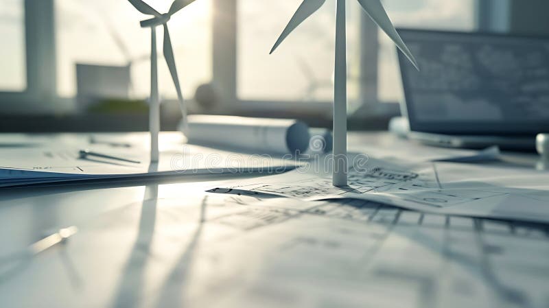 Generative AI Close Up of Wind Turbines on a Table with Architectural ...