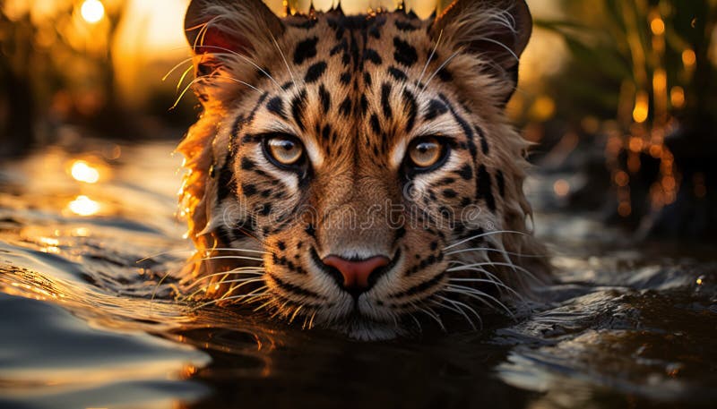 Generative AI. Closeup of a Wild Tiger Swimming in Tiger Water Stock ...