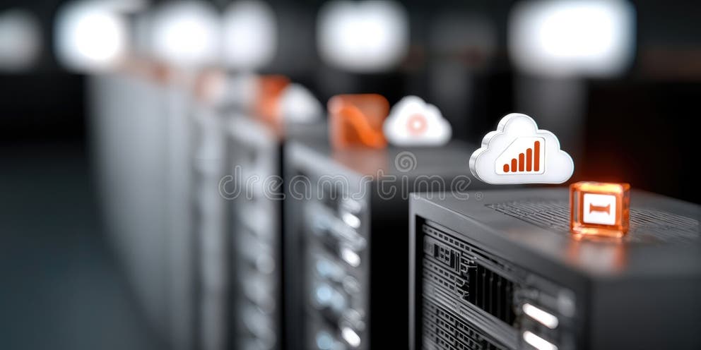 Generative AI Cloud Computing Icons at Data Center Servers Illustrating Technology ...