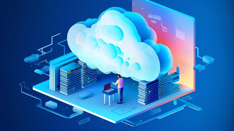 Ai Generative Cloud Computing Concept in Virtual Space with Glowing Neon Lights. Glowing ...