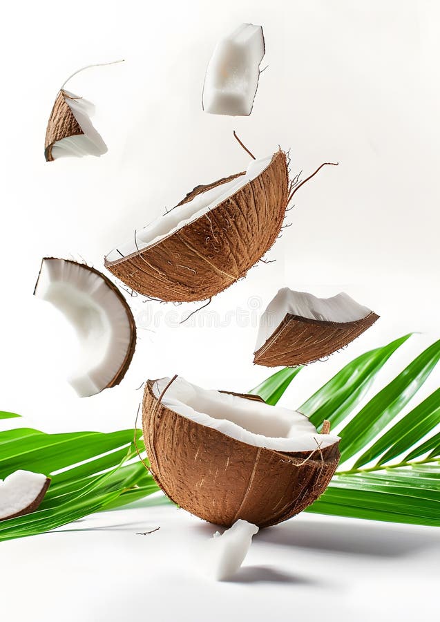 Generative AI Coconut Isolated. Coconut Slice and Piece with Leaves on ...