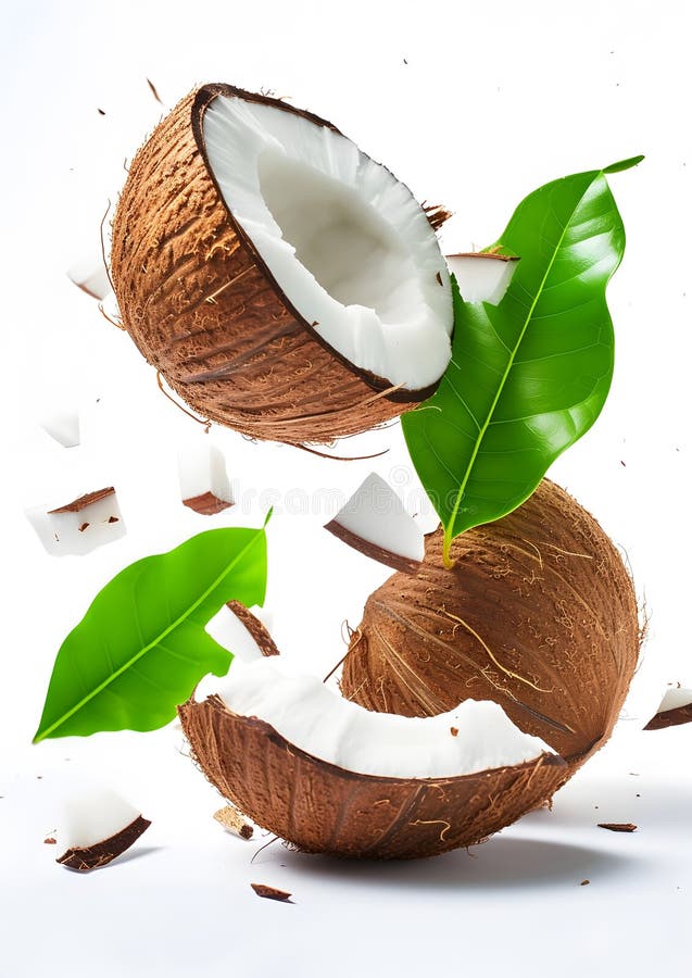 Generative AI Coconut Isolated. Coconut Slice and Piece with Leaves on ...