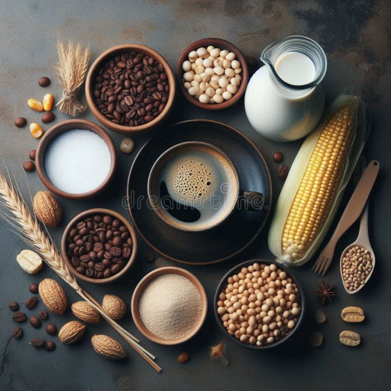 Generative Ai: Commodity, Whole Grain, Wood, Rice, Wheat, Milk, Cup Coffee, Beans, Nuts, Corn ...