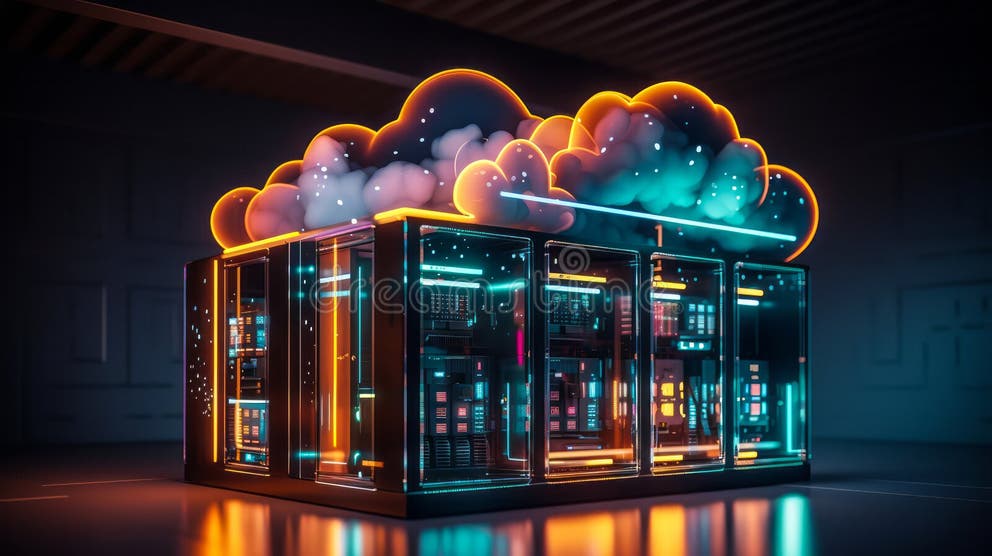 Conceptual Visualization of Cloud Computing with Neon Cloud Design and Server Rack, Highlighting ...
