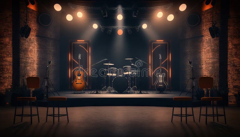 Generative AI of a Concert Stage with a Drum Set and Chairs Stock ...