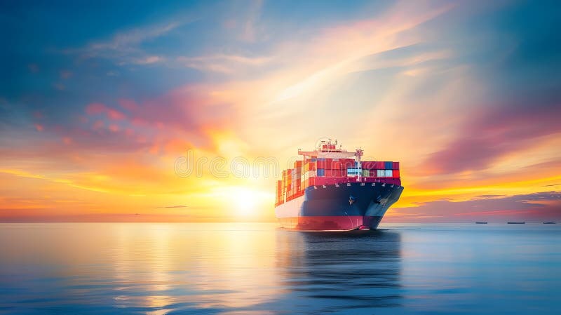 Generative AI Container Cargo Ship in the Ocean at Sunset Blue Sky ...