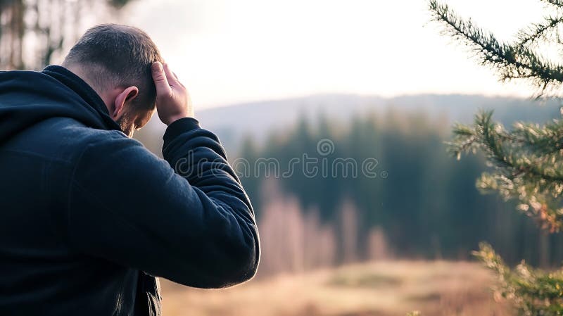 Generative AI Contemplative Man Standing in Nature Feeling Distressed ...