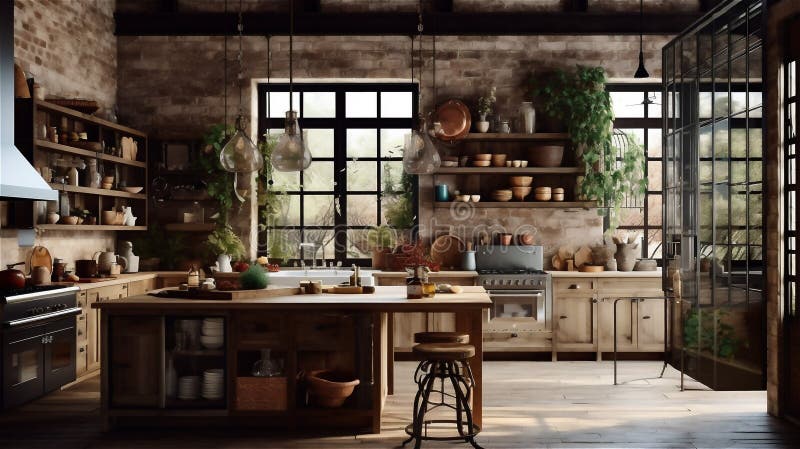 Generative AI, Cozy and Charming Rustic Kitchen Design Stock ...