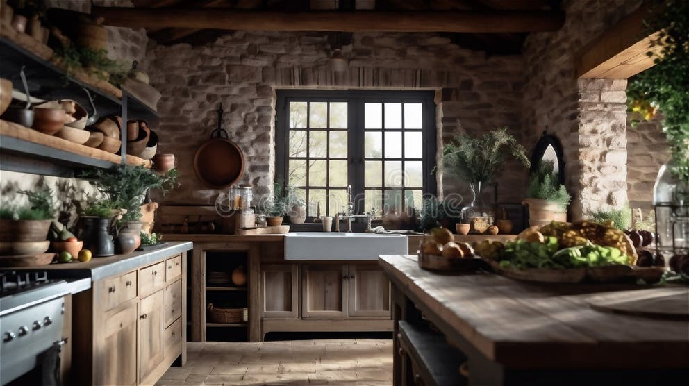 Generative AI, Cozy and Charming Rustic Kitchen Design Stock ...