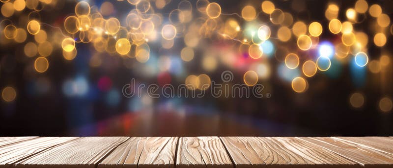 Generative AI. a Cozy Night Out: a Wooden Table in Front of a Neon-lit ...