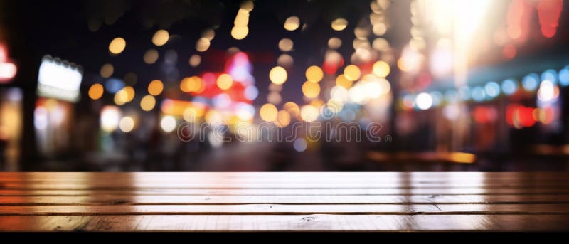 Generative AI. a Cozy Night Out: a Wooden Table in Front of a Neon-lit ...