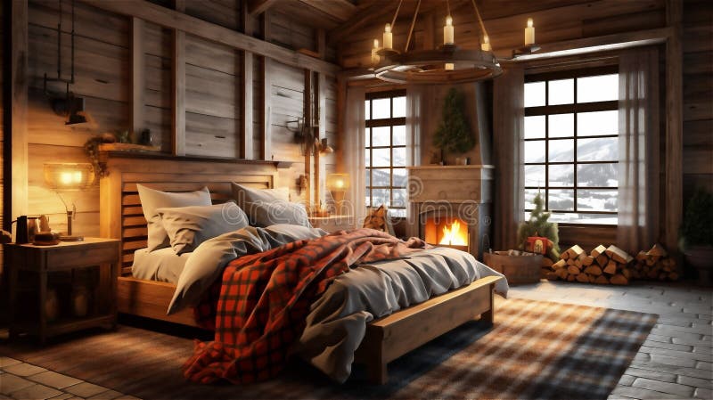 Generative AI, Cozy and Warm Rustic Bedroom with Stone Fireplace Stock ...