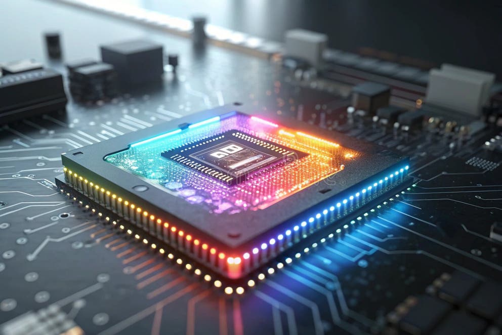 Generative AI CPU: Futuristic Processor with Colorful Light Emission Stock Illustration ...