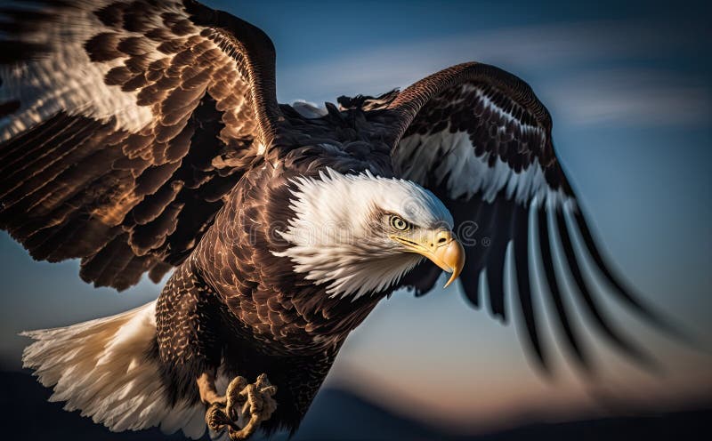 A Bald Eagle Flying with Wide Open Wings, Blurred Blue Sky Background ...