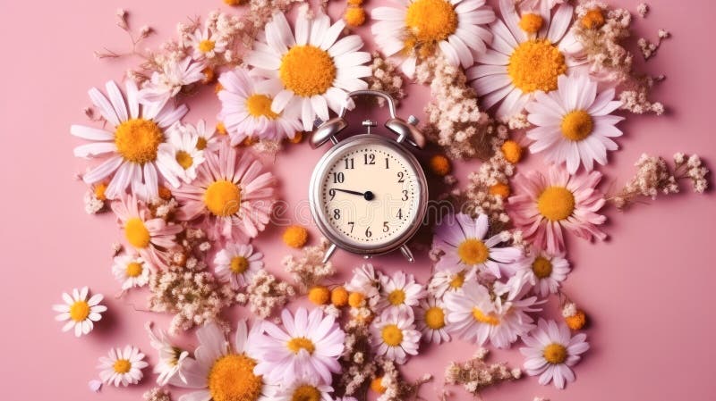Summer Time Flowers with the Clock in the Center, Flat Lay Stock ...