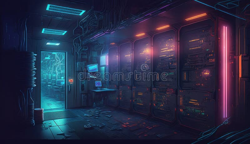 Cyberpunk Server Room, Data Flowing, Full of Rack Servers and ...