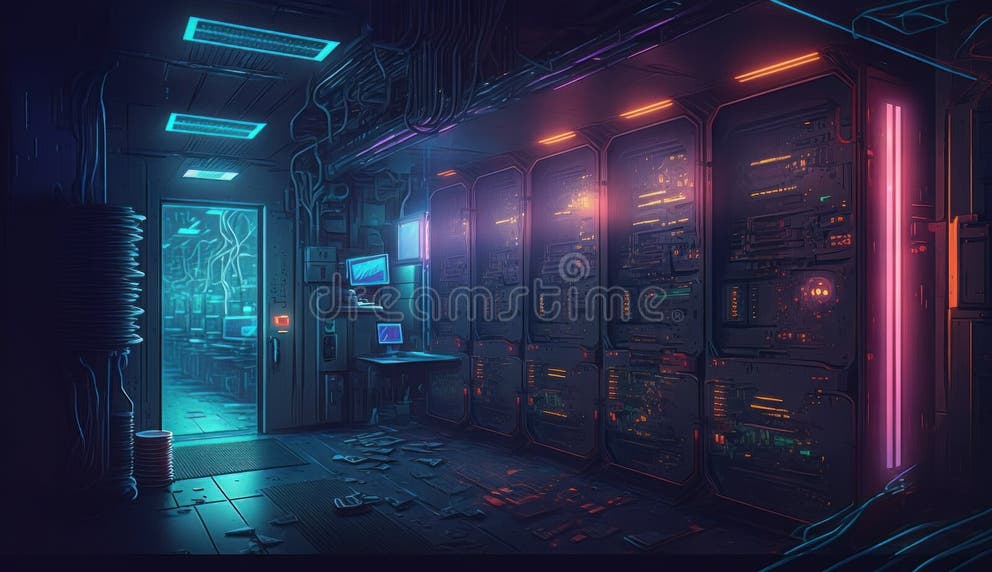 Cyberpunk Server Room, Data Flowing, Full of Rack Servers and ...
