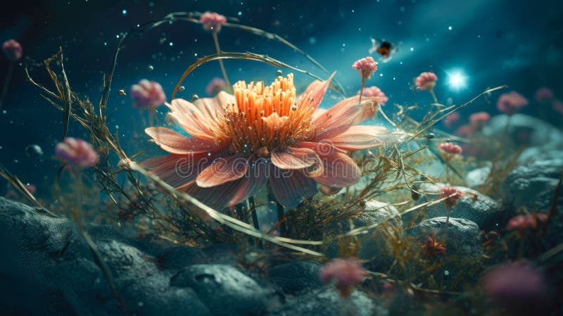 Flower Under Water, Flower Splashes in Dark Stock Illustration ...