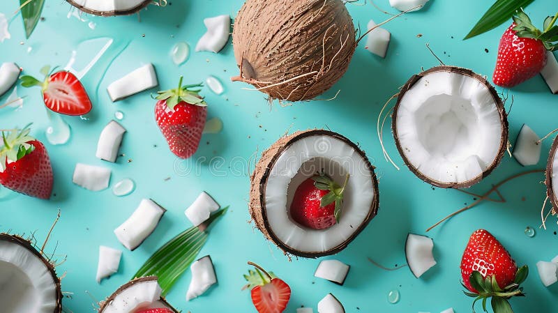 Generative AI Creative Layout Made of Coconuts and Strawberry Flat Lay ...
