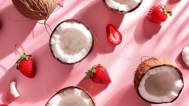 Generative AI Creative Layout Made of Coconuts and Strawberry Flat Lay ...