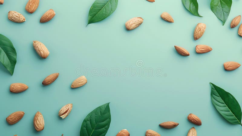 Generative AI Creative Layout Made of Nuts Almond and Leaf on Pastel Blue Background Macro ...
