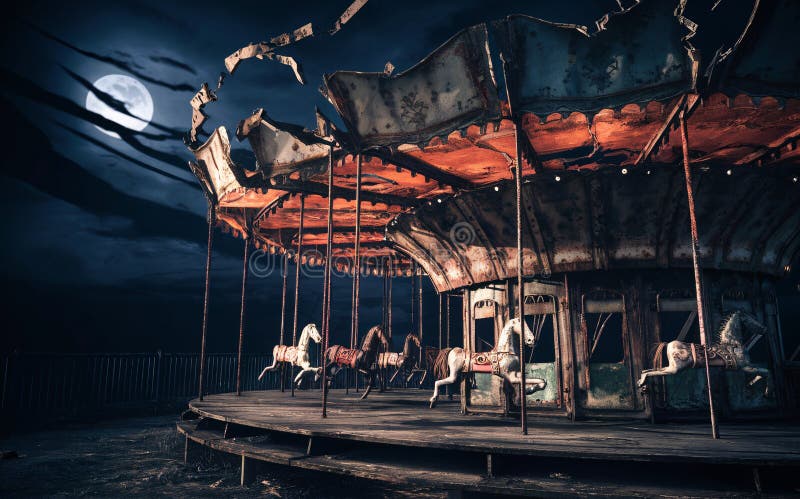 Generative-AI Creepy Carousel a Rusted, Broken-down Carousel with ...