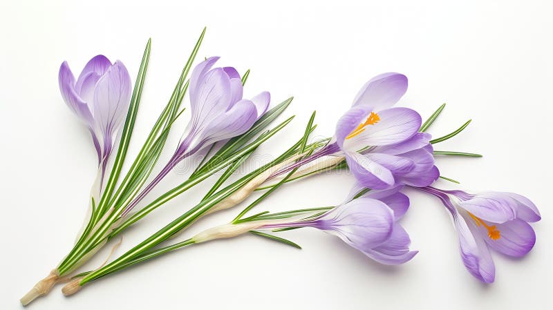 Generative AI Crocus Spring Flowers Lilac Crocuses on Stem with Leaves ...
