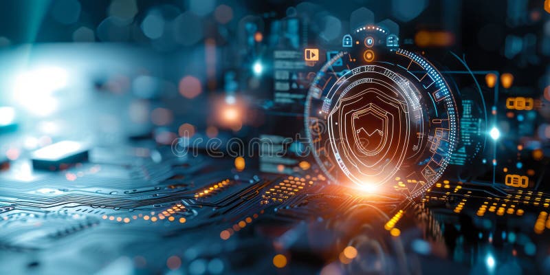 Cybersecurity and Data Protection Concept with Shield Icon Hologram Over Futuristic Interface ...