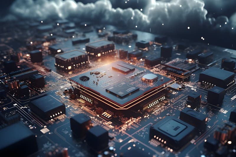 Generative AI. 3D Render of Neon Microchip Circuit Board with Floating ... Generative AI. 3D Render of Neon Microchip Circuit Board with Floating ...