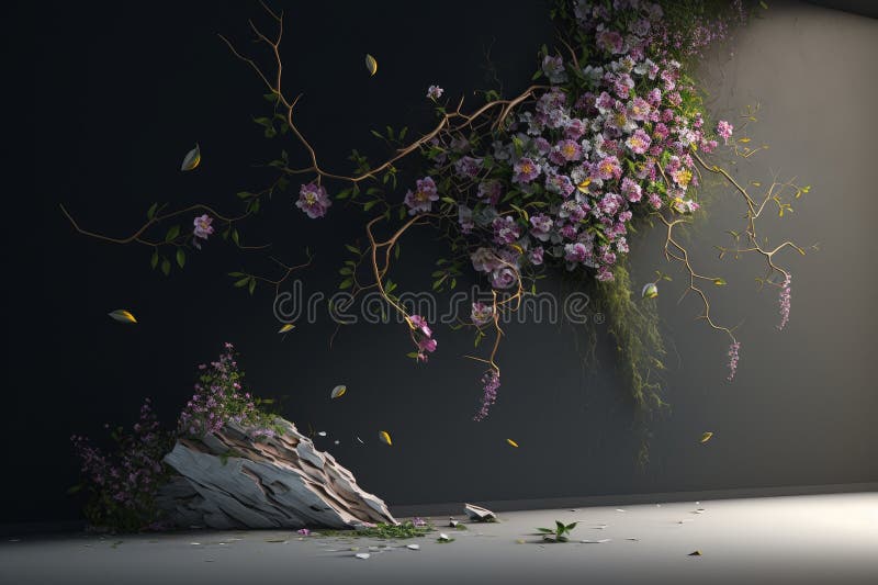 Generative AI of a Dark Room with Flowers and a Stone Platform Stock ...