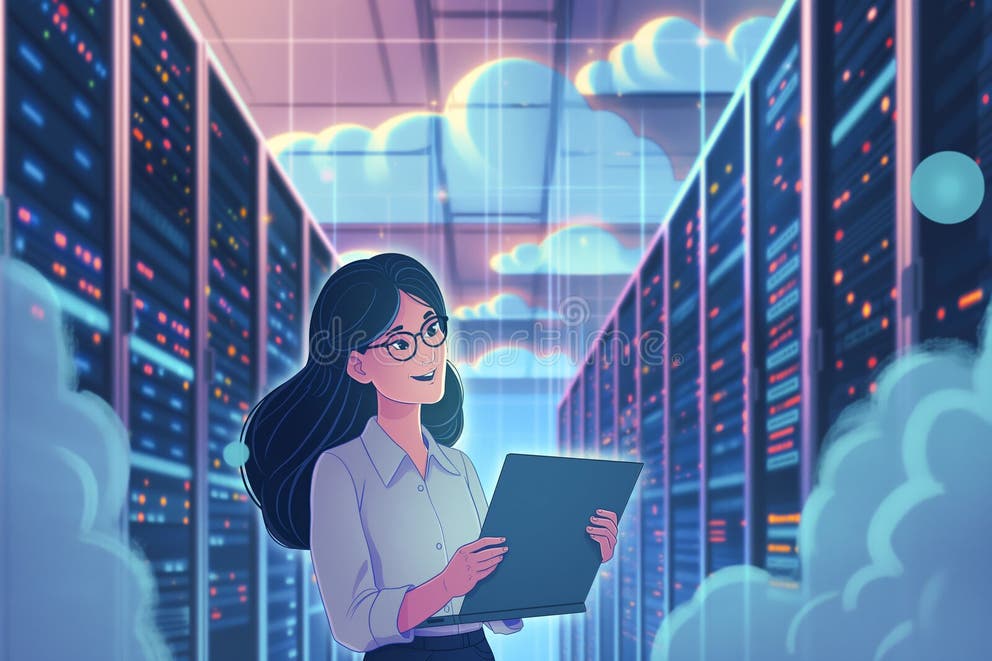 Data Center Female Programmer Using Laptop Computer, Maintenance it Specialist. in Cloud ...