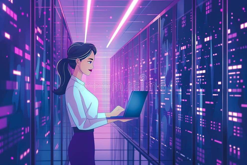 Data Center Female Programmer Using Laptop Computer, Maintenance it Specialist. in Cloud ...