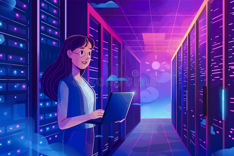 Data Center Female Programmer Using Laptop Computer, Maintenance it Specialist. in Cloud ...