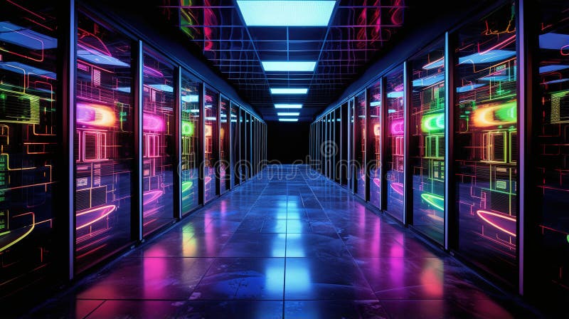 Generative AI, Data Center, Modern High Technology Server Room in Neon ...
