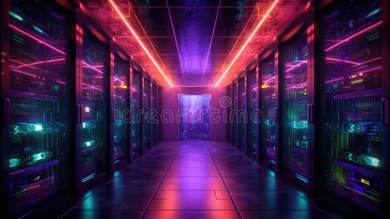Generative AI, Data Center, Modern High Technology Server Room in Neon ...